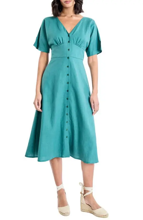 Maggy London Flutter Sleeve Flare Linen Blend Midi Dress