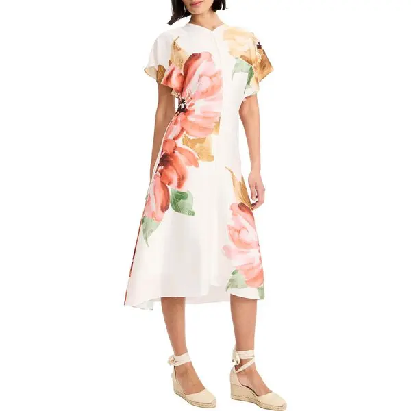 Maggy London Floral Print Flutter Sleeve Midi Dress - Ivory/persimmon