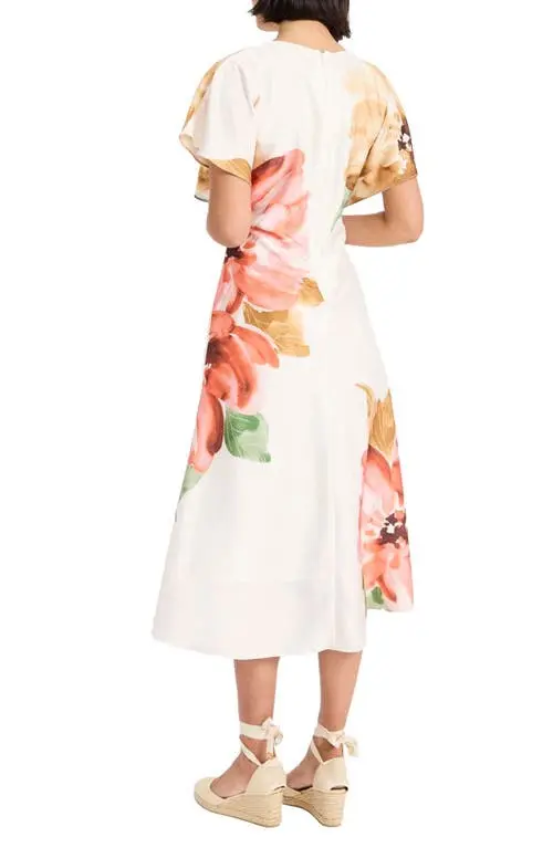 Maggy London Floral Print Flutter Sleeve Midi Dress - Ivory/persimmon
