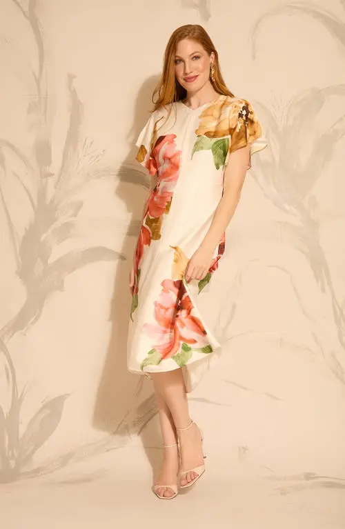 Maggy London Floral Print Flutter Sleeve Midi Dress - Ivory/persimmon