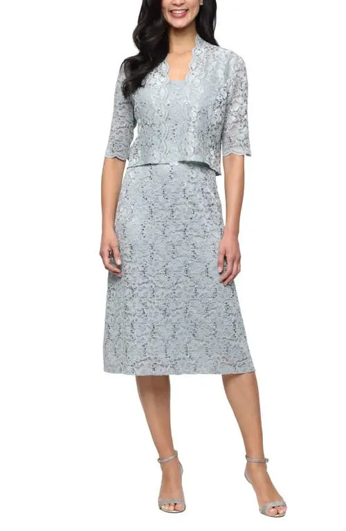 SL FASHIONS Sequin Stretch Lace Cocktail Dress With Jacket - Sage
