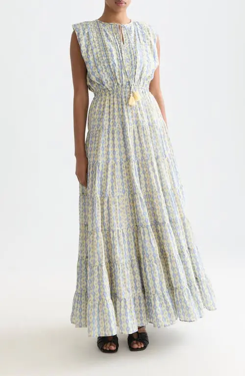 Scotch & Soda Abstract Print Tiered Cotton Blend Maxi Dress - Cactus Stripe Placed Raffia