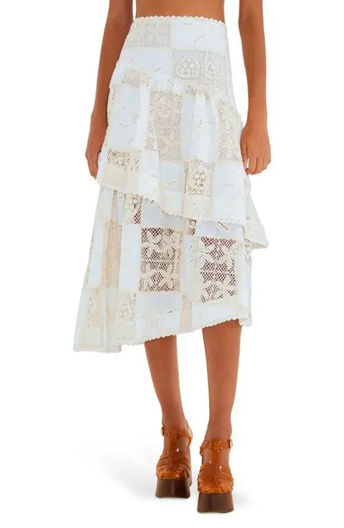 Farm Rio Lace Detail Tiered Asymmetric Cotton Skirt - Off-white