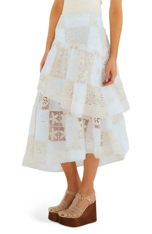 Farm Rio Lace Detail Tiered Asymmetric Cotton Skirt