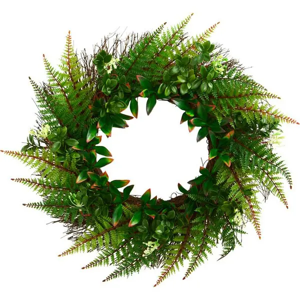 NEARLY NATURAL 23-in Assorted Fern Wreath Uv Resistant - Green