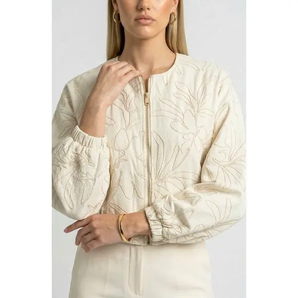KNIT & LOUNGE Long Sleeve Cropped Jacket With Zip Front And Embroidered Texture - Beige
