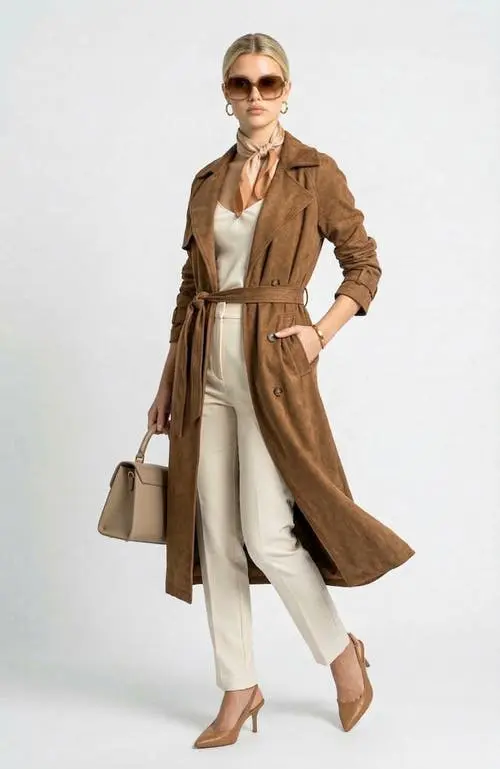 KNIT & LOUNGE Long Sleeve Midi Trench Coat With Belted Waist And Double Breasted Front - Brown
