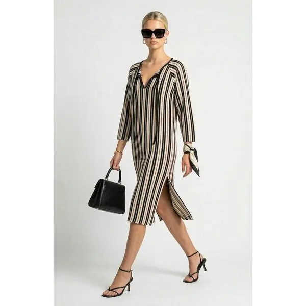 KNIT & LOUNGE Long Sleeve Midi Sweater Dress With Split Neck And Vertical Stripe Pattern - Striped