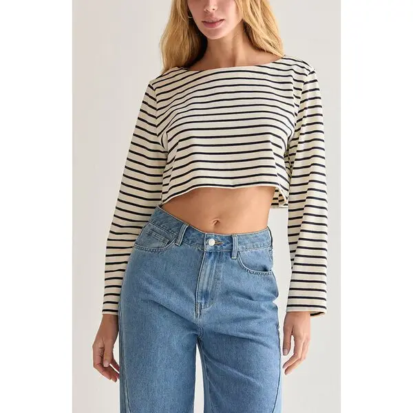 CRESCENT Striped Boatneck Knit Top - Ivory/black