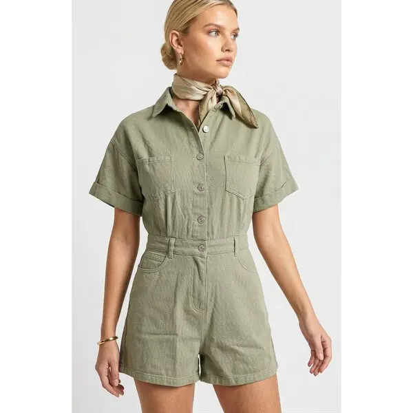 KNIT & LOUNGE Utility Romper With Patch Pockets - Green