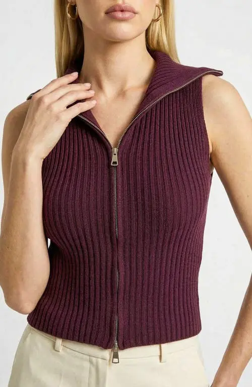KNIT & LOUNGE Sleeveless Sweater Vest With Zip Front And Ribbed Knit - Dark Purple