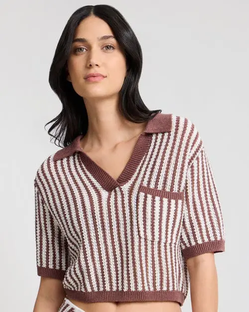 Onia Linen Knit Cropped Polo - Brown/white