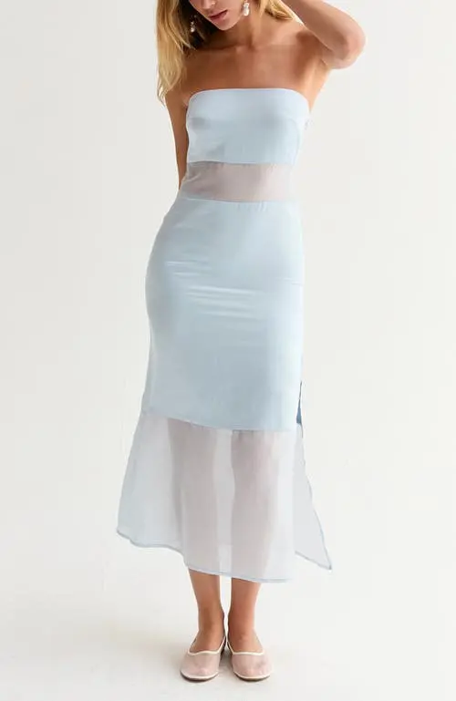 CRESCENT Satin Mixed Media Tube Midi Dress - Light Blue
