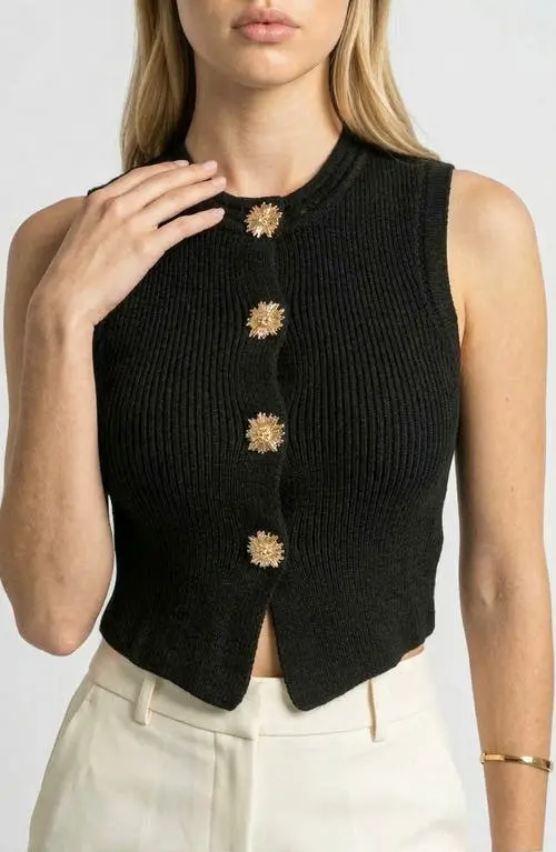 KNIT & LOUNGE Sleeveless Ribbed Knit Vest With Button Front And Round Neck - Black