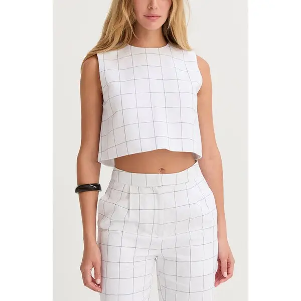 CRESCENT Windowpane Semi Cropped Linen Top - White