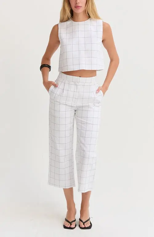 CRESCENT Windowpane Semi Cropped Linen Top - White
