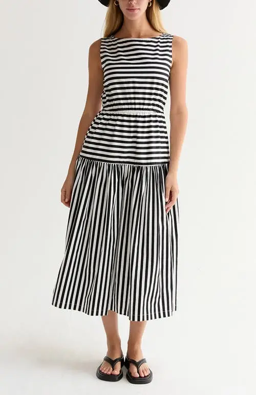 CRESCENT Cotton Blend Stripe Midi Dress - White/black