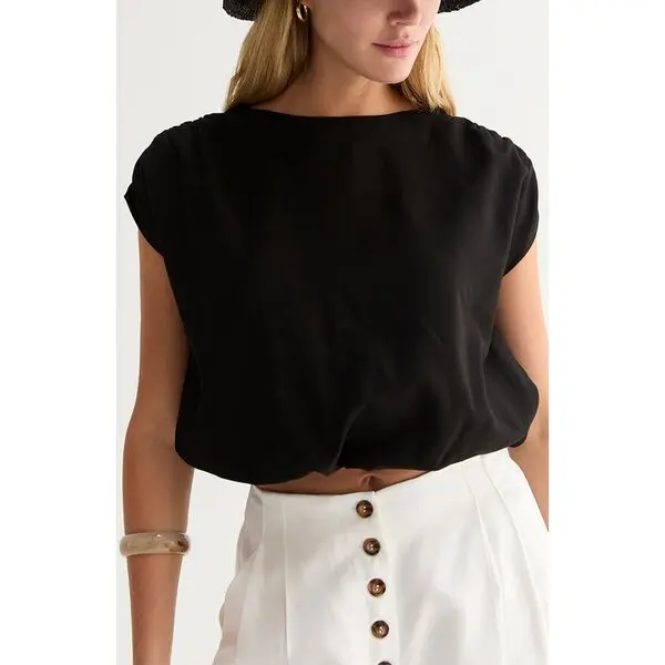 CRESCENT Cap-sleeve Bubble Hem Top - Black