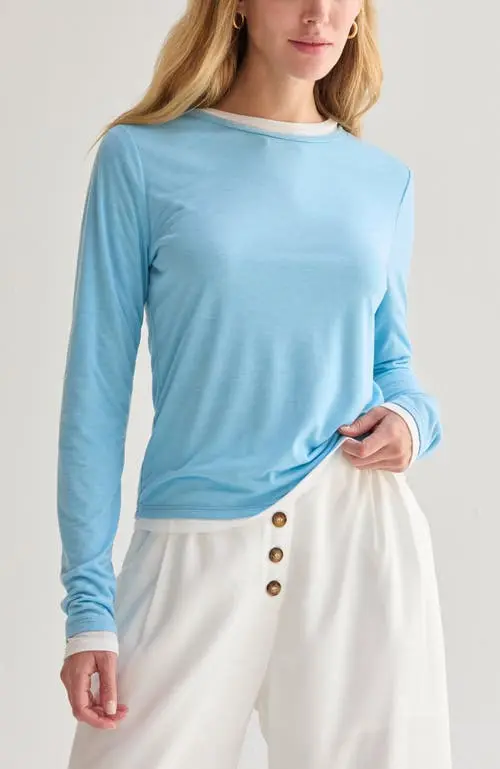 CRESCENT Two-in-one Long Sleeve Knit Top - Light Blue/white