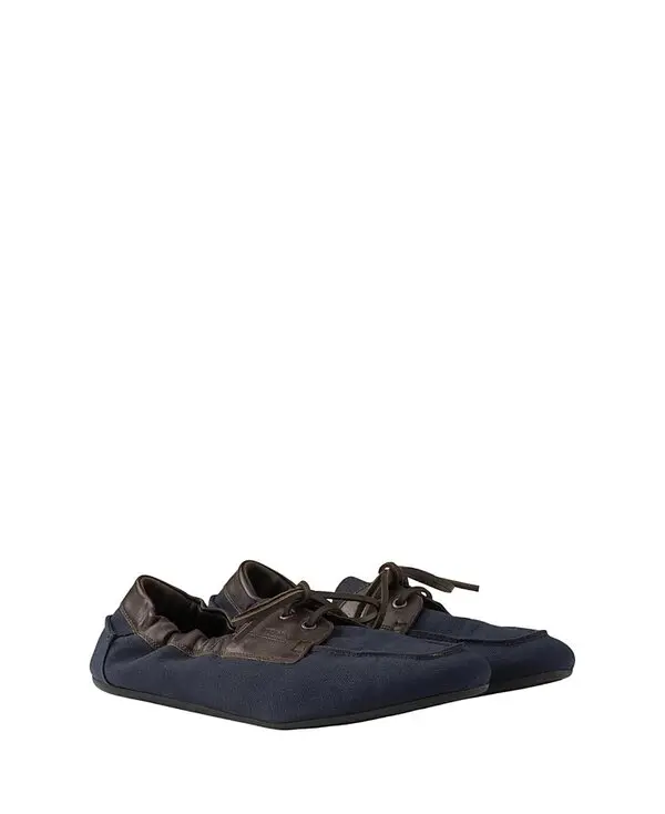 Prada Aged Canvas And Leather Boat Shoes - Blue