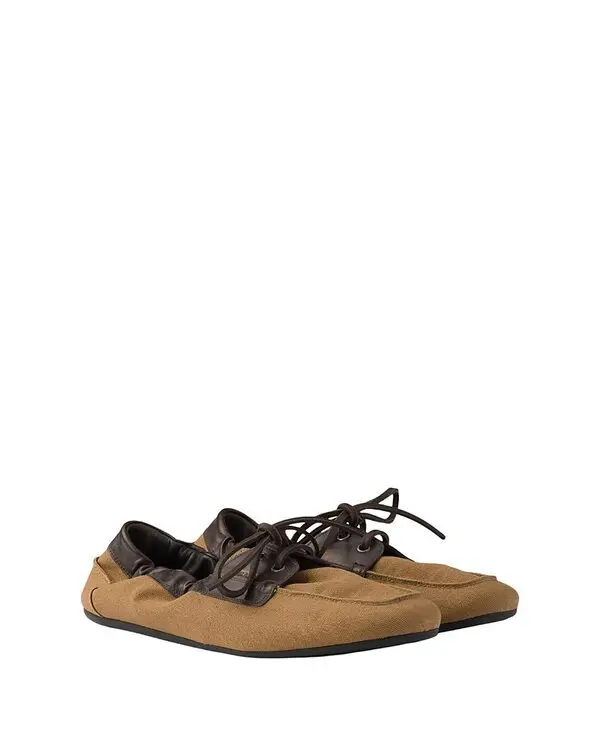 Prada Aged Canvas And Leather Boat Shoes - Brown