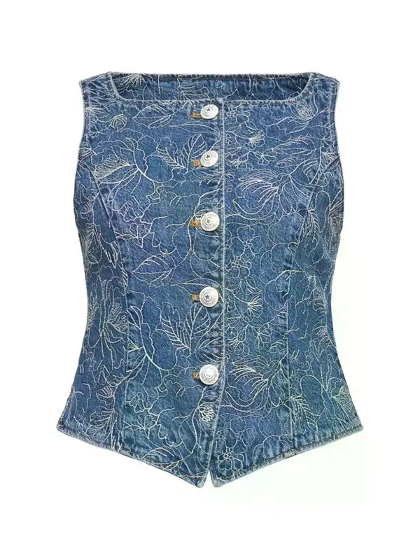 Cinq À Sept Floral Button Denim Vest - Blue