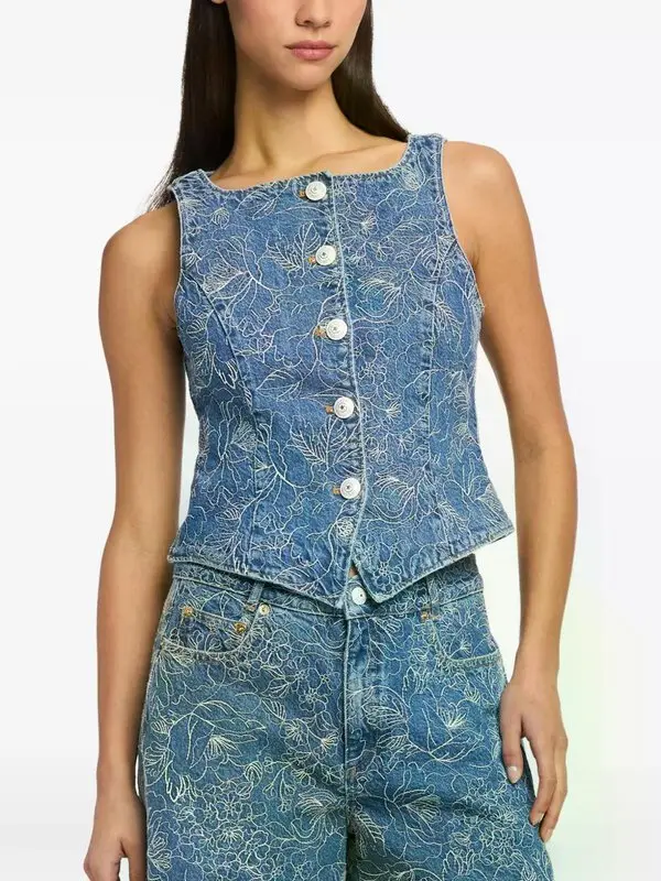 Cinq À Sept Floral Button Denim Vest