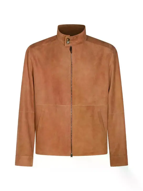 Canali Zip-up Stand-collar Leather Jacket - Brown