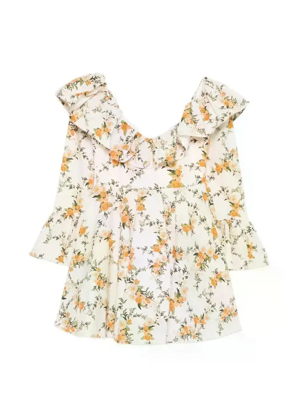 Agua Bendita Ruffled Floral-print Mini Dress - Neutrals