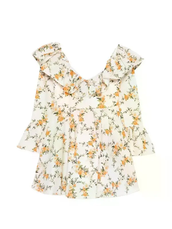 Agua Bendita Ruffled Floral-print Mini Dress - Neutrals