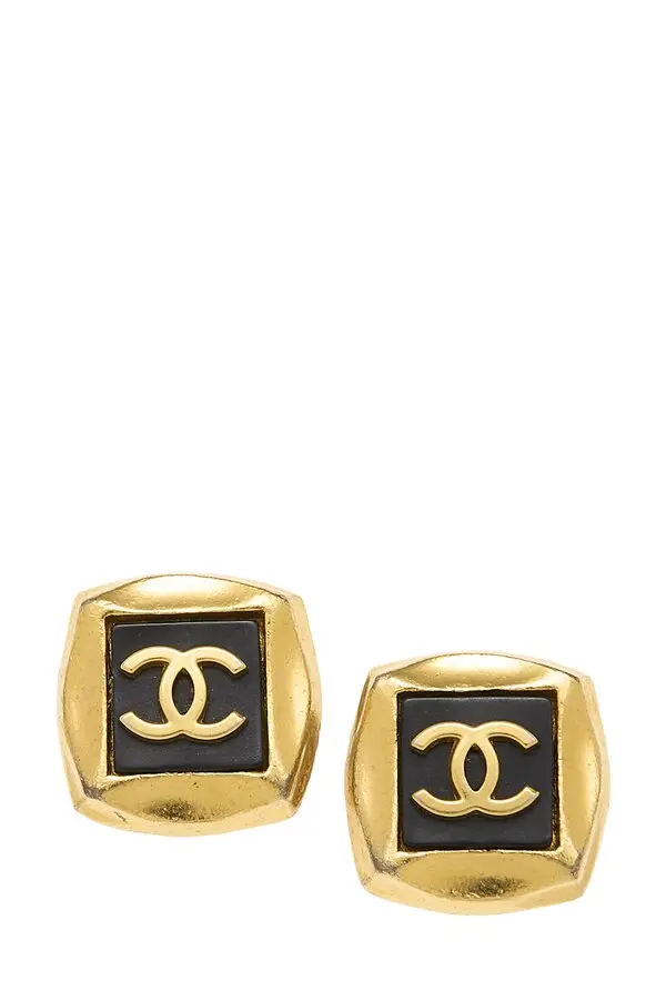 Chanel Gold 'cc' Square Earrings - Black