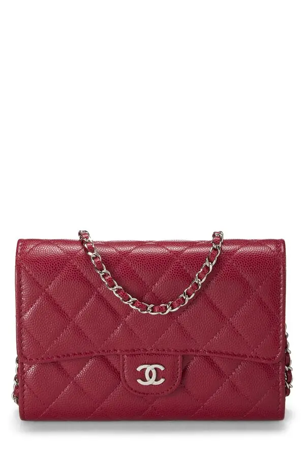Chanel Caviar Classic Flap Card Holder On Chain - Red