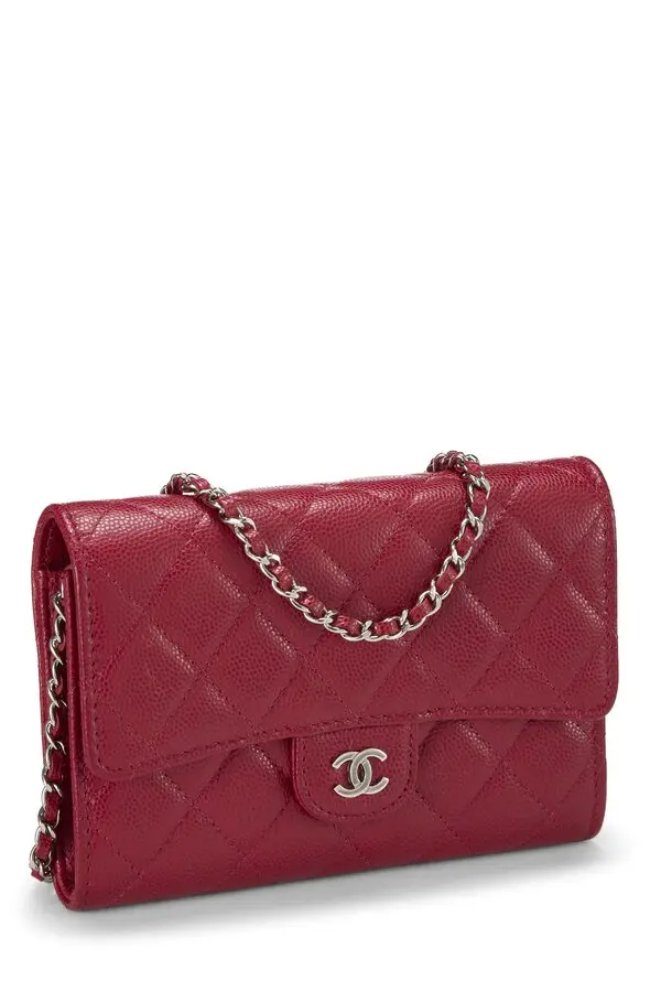 Chanel Caviar Classic Flap Card Holder On Chain - Red