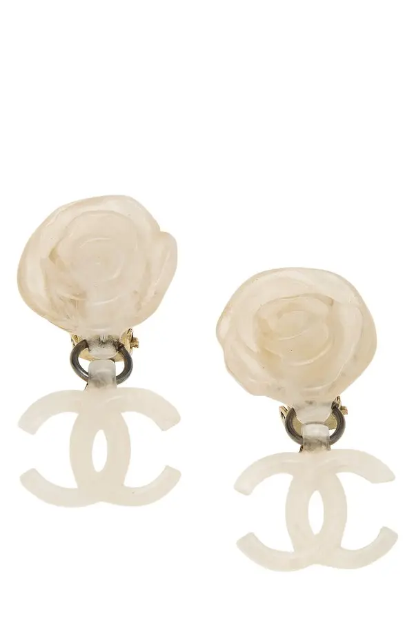 Chanel Acrylic Camellia Dangle Earrings - White