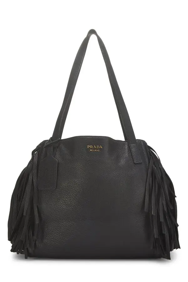 Prada Vitello Daino Fringe Tote - Black