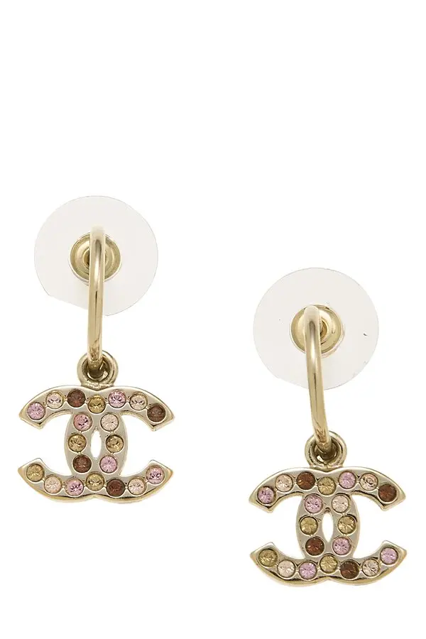 Chanel Gold Metal 'cc' Crystal Earrings - Multi