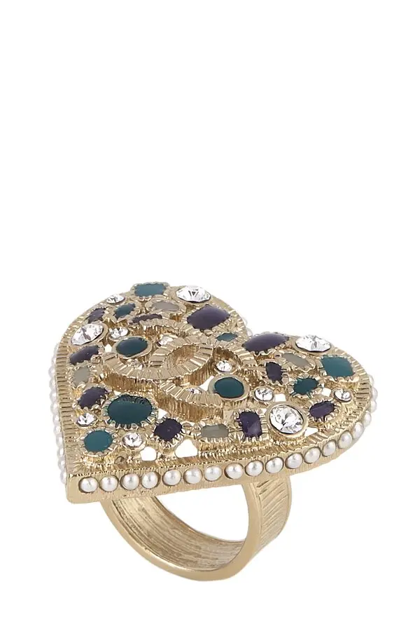Chanel Crystal Gripoix Heart Ring - Gold