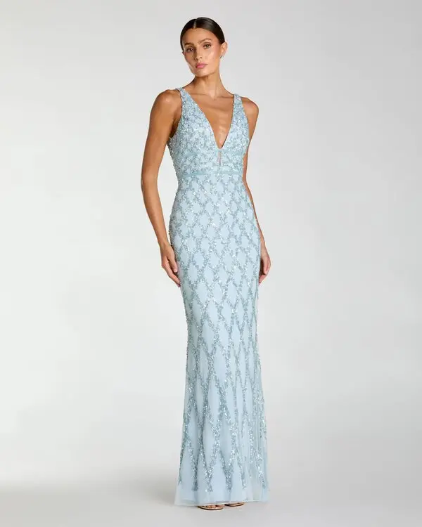 Mac Duggal Sequin Embellished Sleeveless Gown - Blue