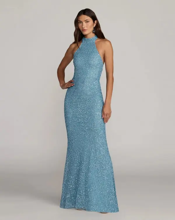 Mac Duggal Embellished Halter Neck Open Back Gown - Blue