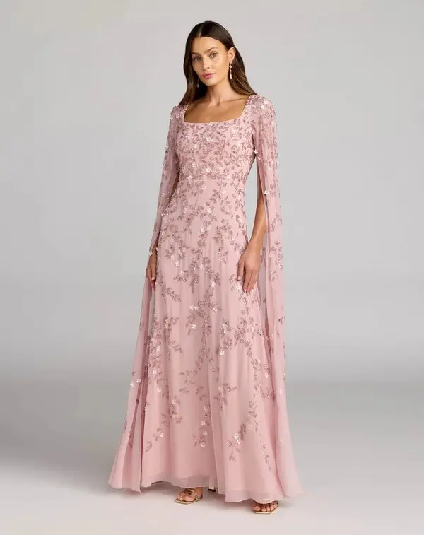 Mac Duggal Petite Beaded Square Neck Cape Sleeve Gown - Pink