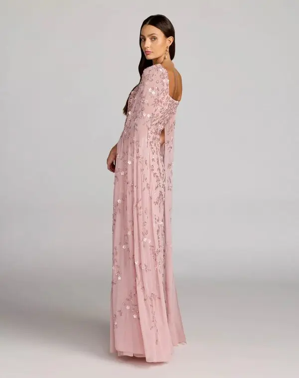 Mac Duggal Petite Beaded Square Neck Cape Sleeve Gown