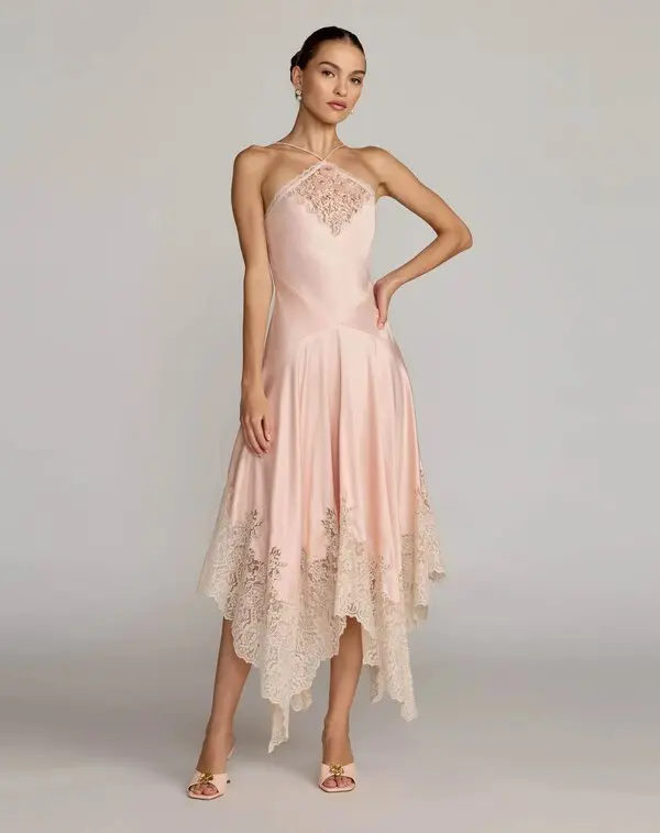 Mac Duggal Halterneck Lace Trim Handkerchief Midi Dress - Ballet Slipper