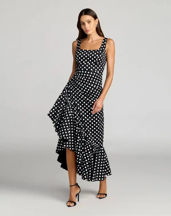 Mac Duggal Polka Dot Midi Dress With Ruffled Hem - Black Ivory