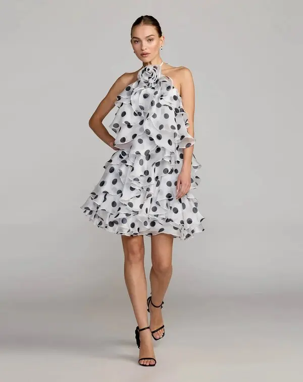 Mac Duggal Polka Dot Halterneck Ruffle Mini Dress - Black Ivory