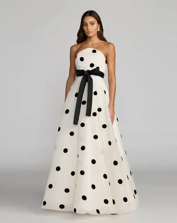 Mac Duggal Strapless Polka Dot Organza Gown With Satin Bow - Black Ivory