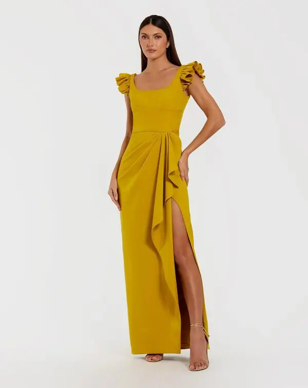 Mac Duggal Square Neck Column Gown With Ruffle Detail - Chartreuse