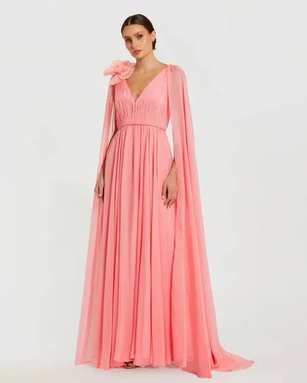 Mac Duggal Chiffon V-neck Gown With Cape Sleeves - Hibiscus