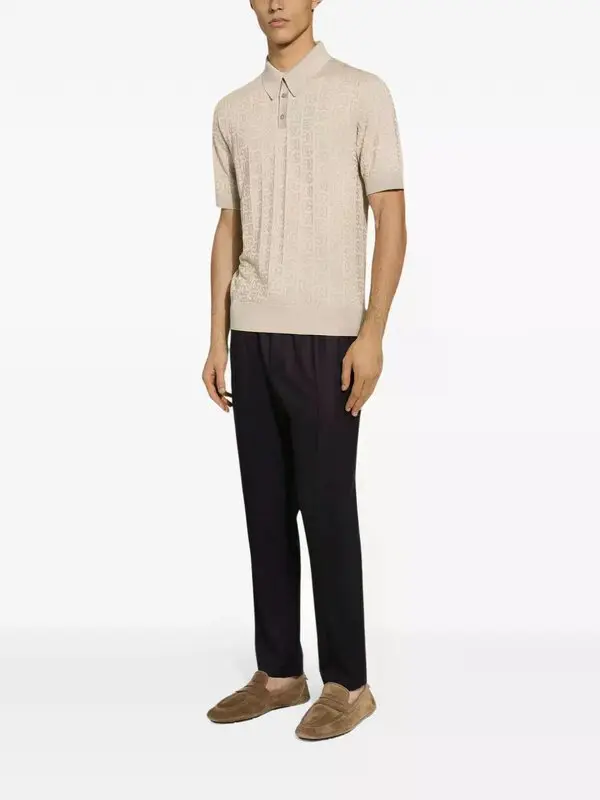 Dolce & Gabbana Silk Jacquard Polo Shirt With Dg Logo - Neutrals
