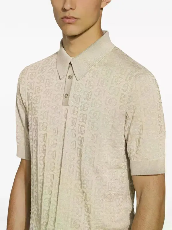 Dolce & Gabbana Silk Jacquard Polo Shirt With Dg Logo - Neutrals