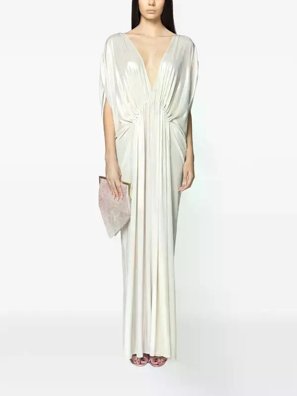 TWENTY FOURHAITCH Metallic-effect Draped V-neck Midi Dress - Neutrals